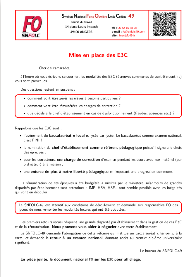 Mise en place des E3C – Fédération Nationale de l’Enseignement, de la ...